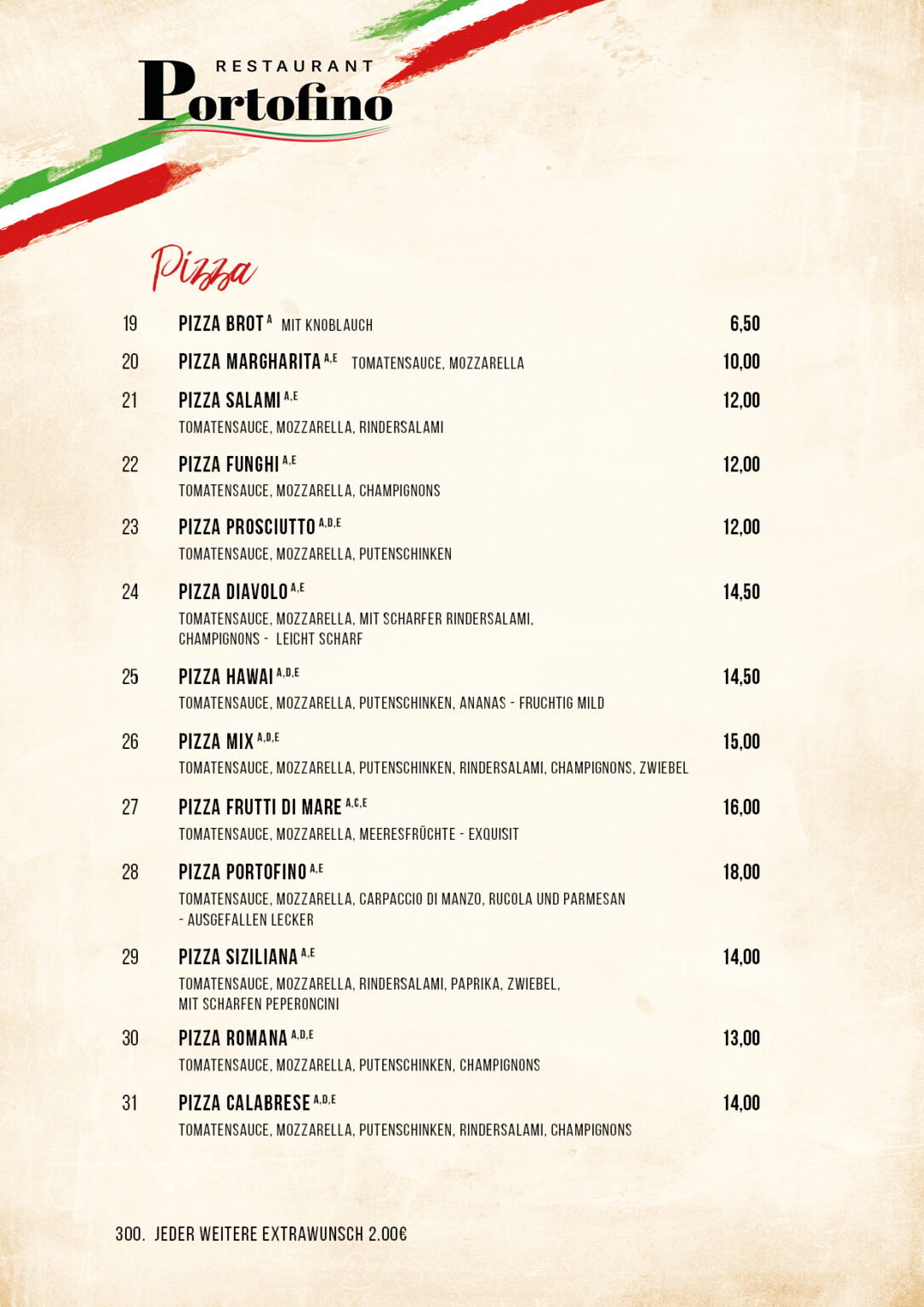 Speisekarte - Restaurant Pizzeria Portofino Bad Wildbad